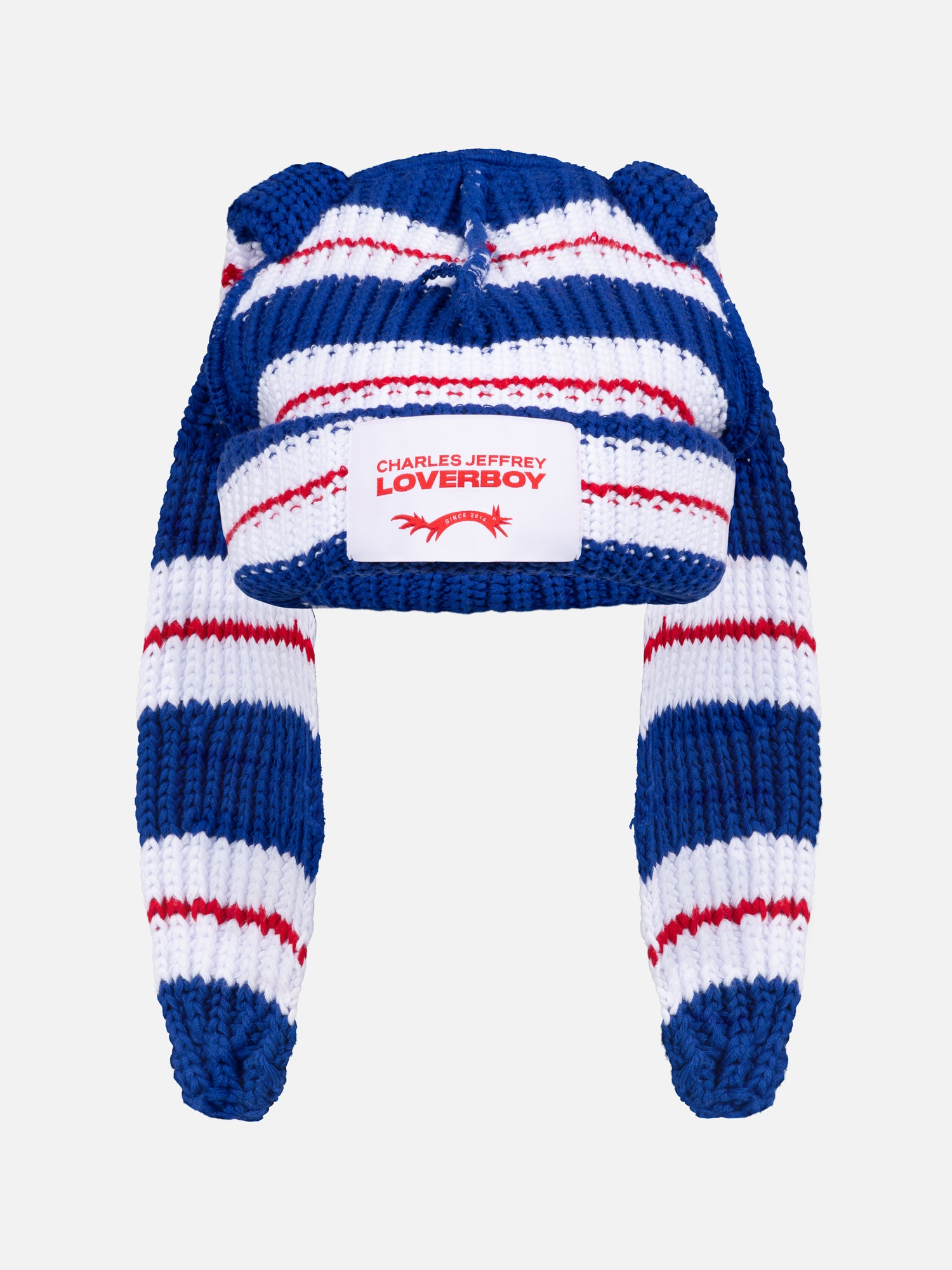 CHUNKY RABBIT BEANIE in BLUE RED WHITE