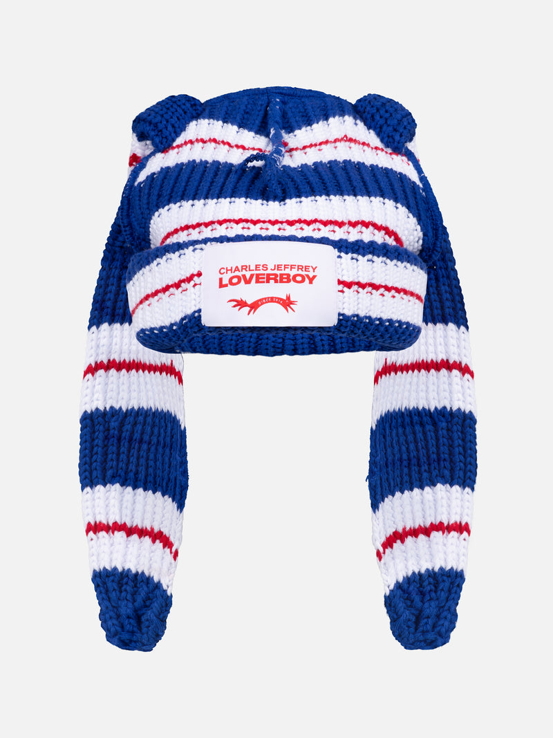 CHUNKY RABBIT BEANIE in BLUE RED WHITE